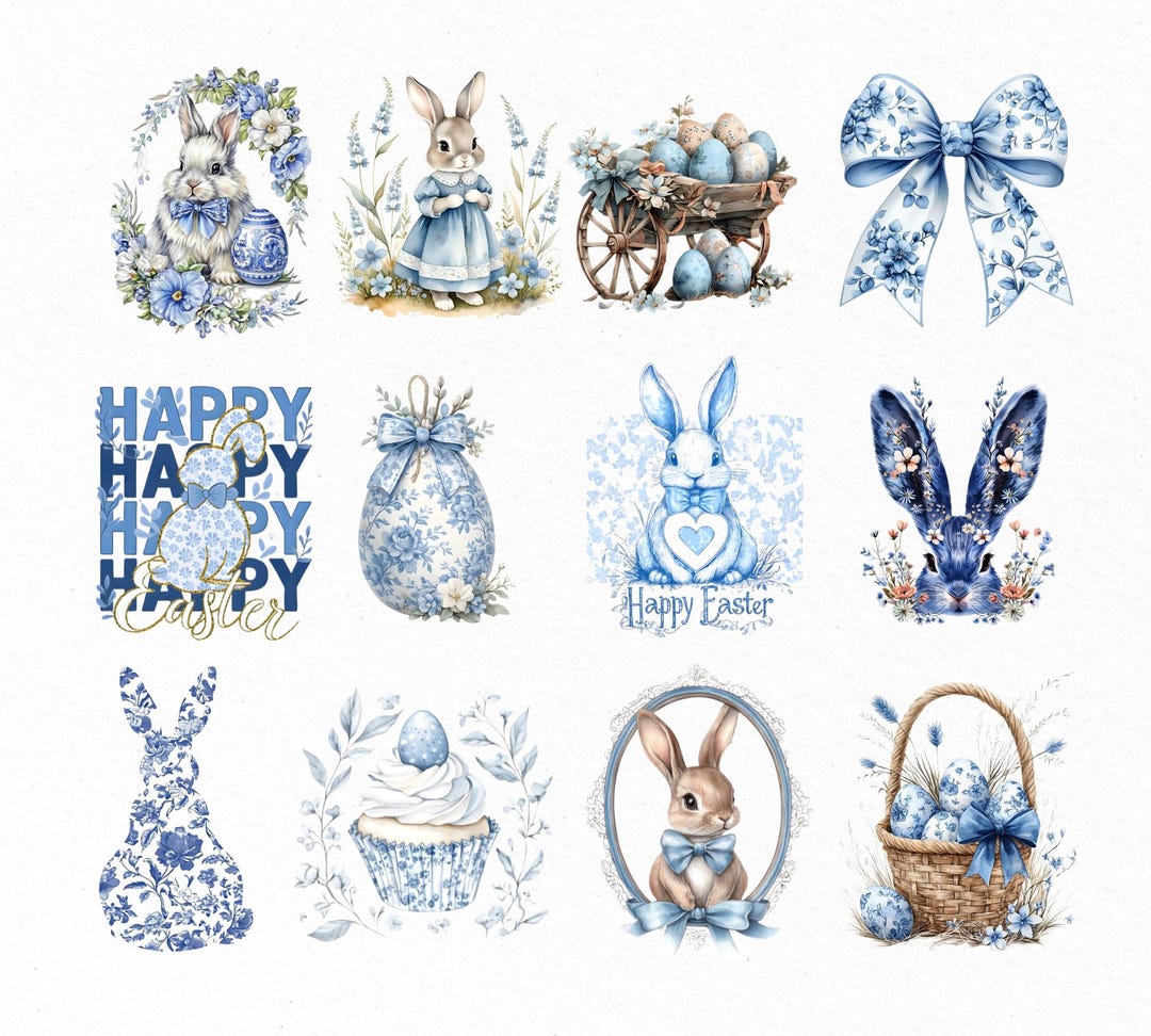Blue Chinoiserie Easter Clipart – Spring Floral Bunny Graphics (digital ...