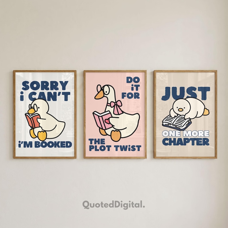Funny Motivational Duck Reading Wall Art, Book Lover Prints, Literary ...