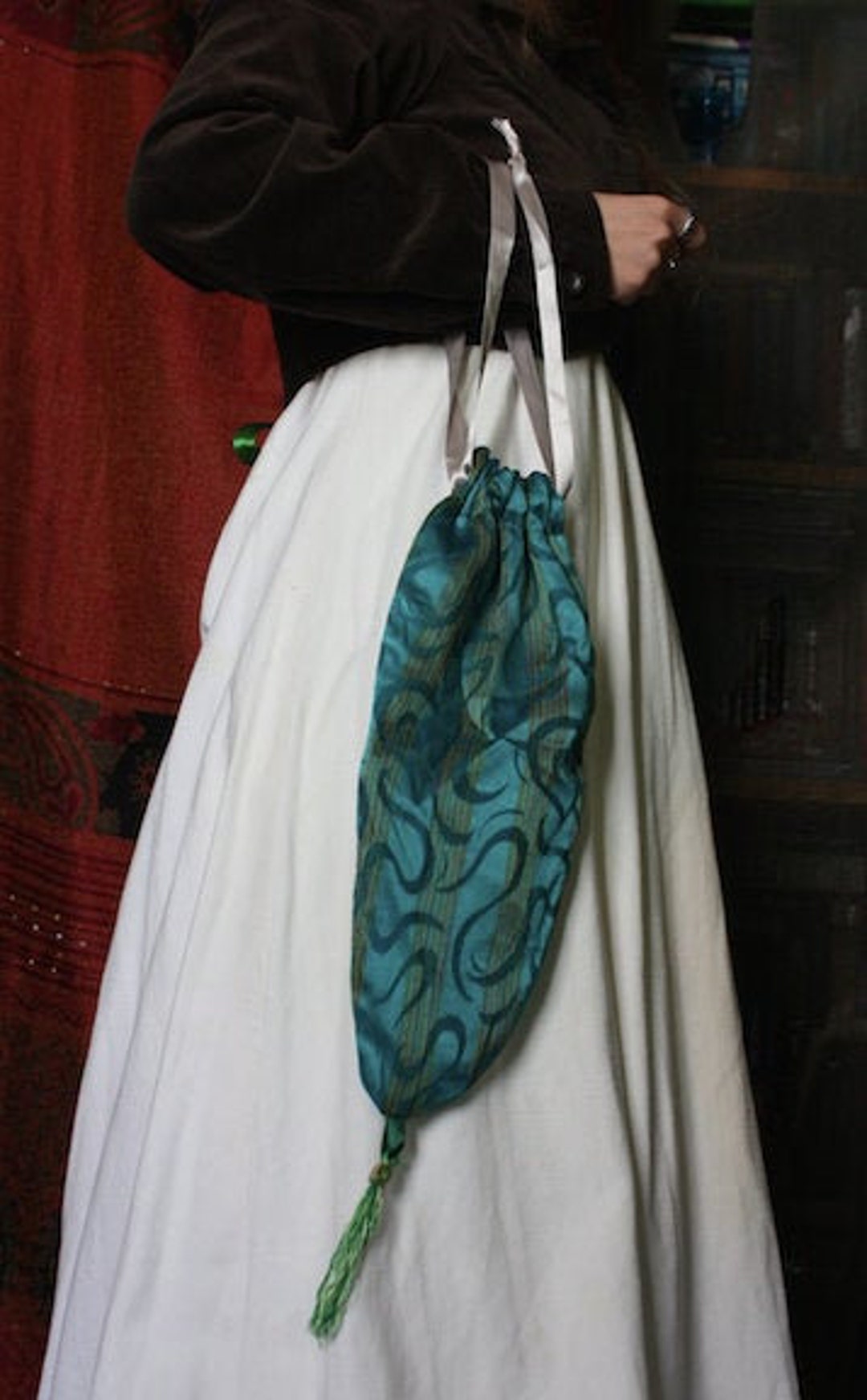 Asymmetric Regency Style Reticule Bag, Pouch With Tassel, Green Sari ...