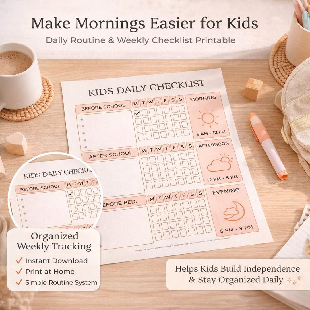 Kids Daily Checklist Printable PDF, Morning Afternoon Evening Routine ...