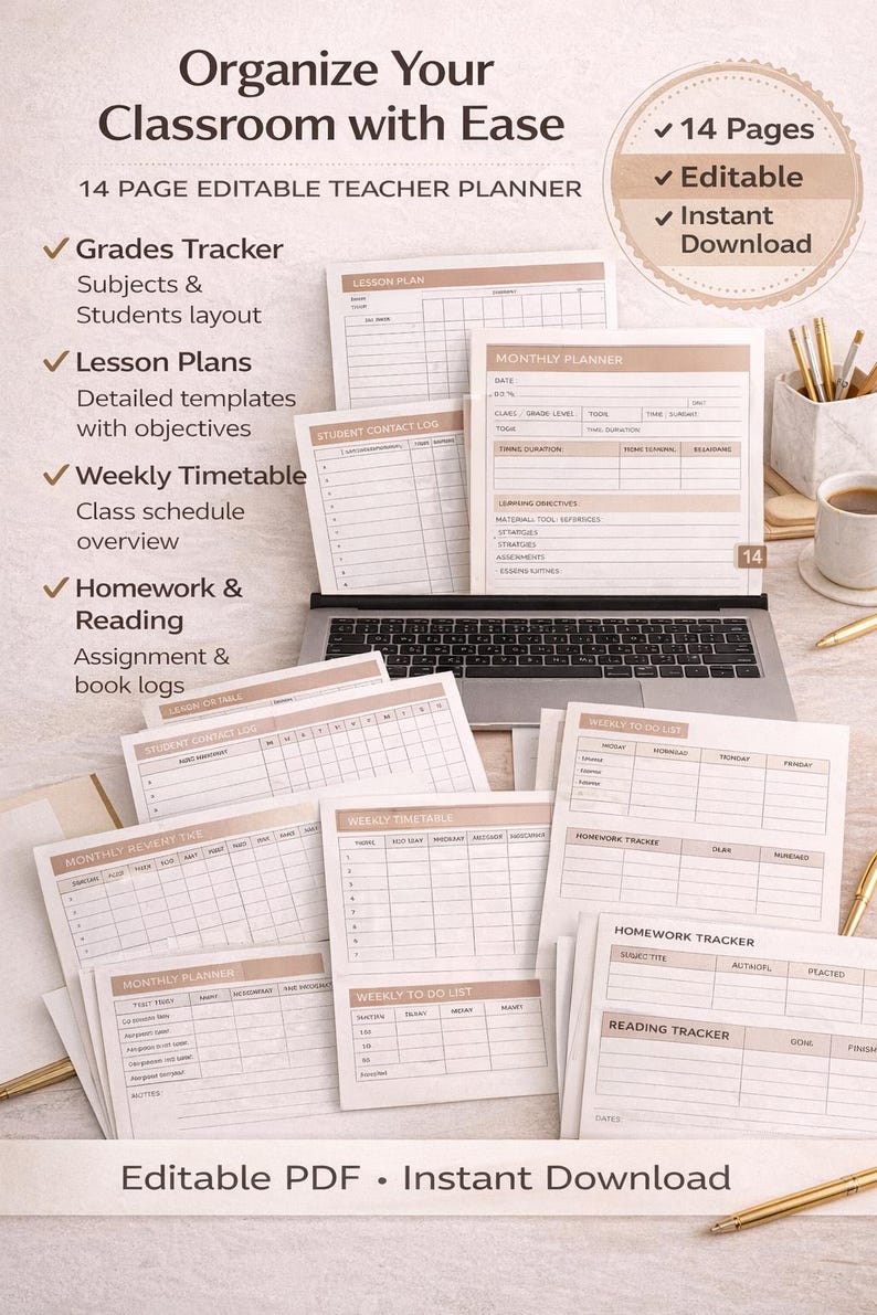 Editable Teacher Planner Printable Lesson Plan Grade Tracker Classroom ...