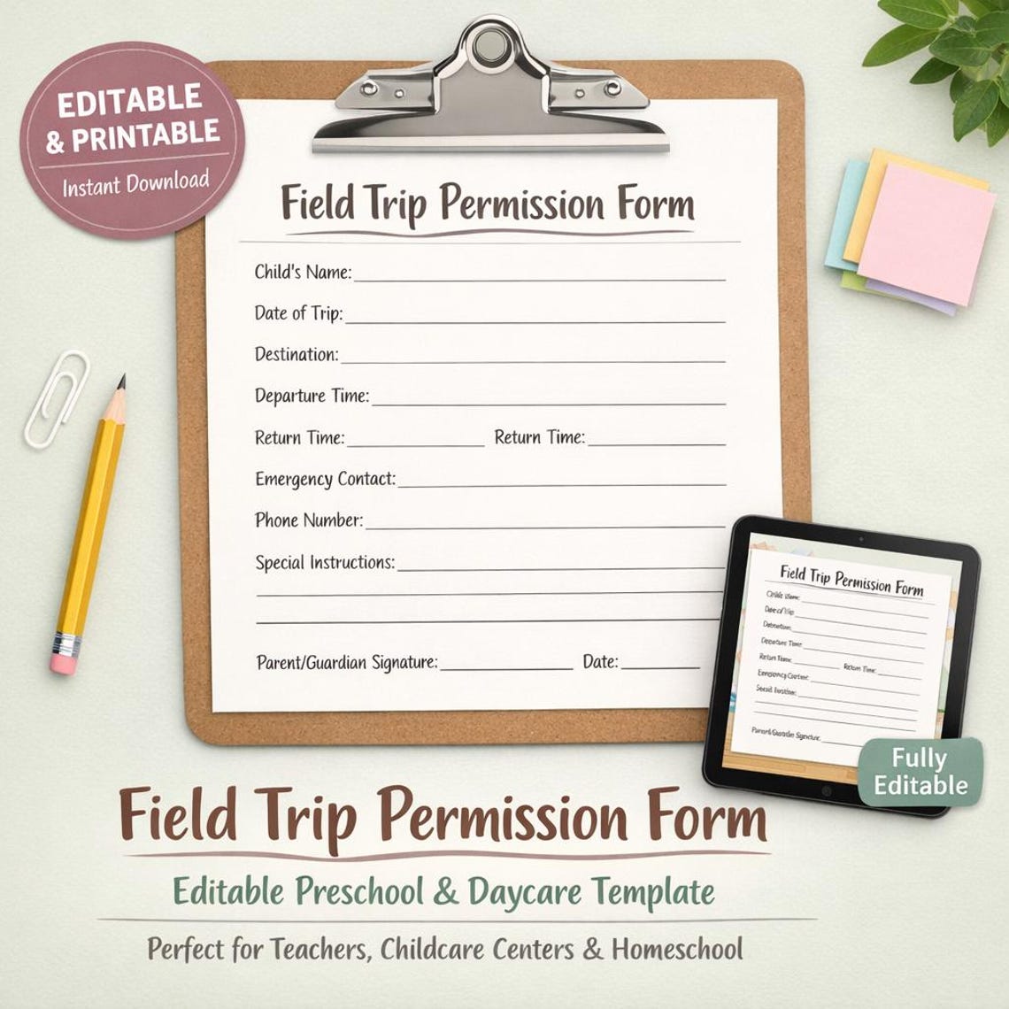 Field Trip Permission Form Printable Daycare Preschool Editable PDF ...