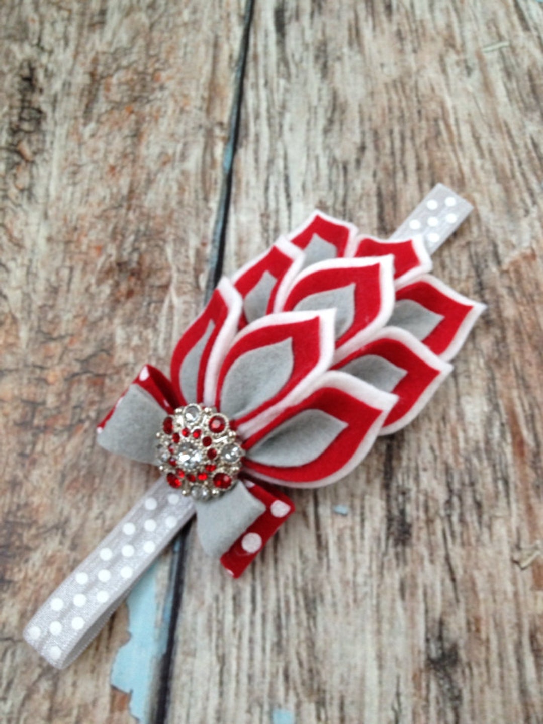 Red / White / Grey Flower Headband Felt Dahlia Petals Polka Dots ...