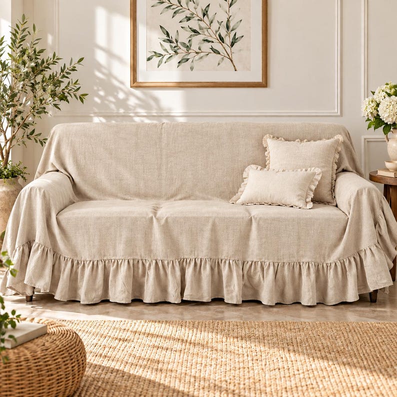 Linen 3-side Ruffle Sofa Cover, Lightweight Natural Fabric, Custom Size ...