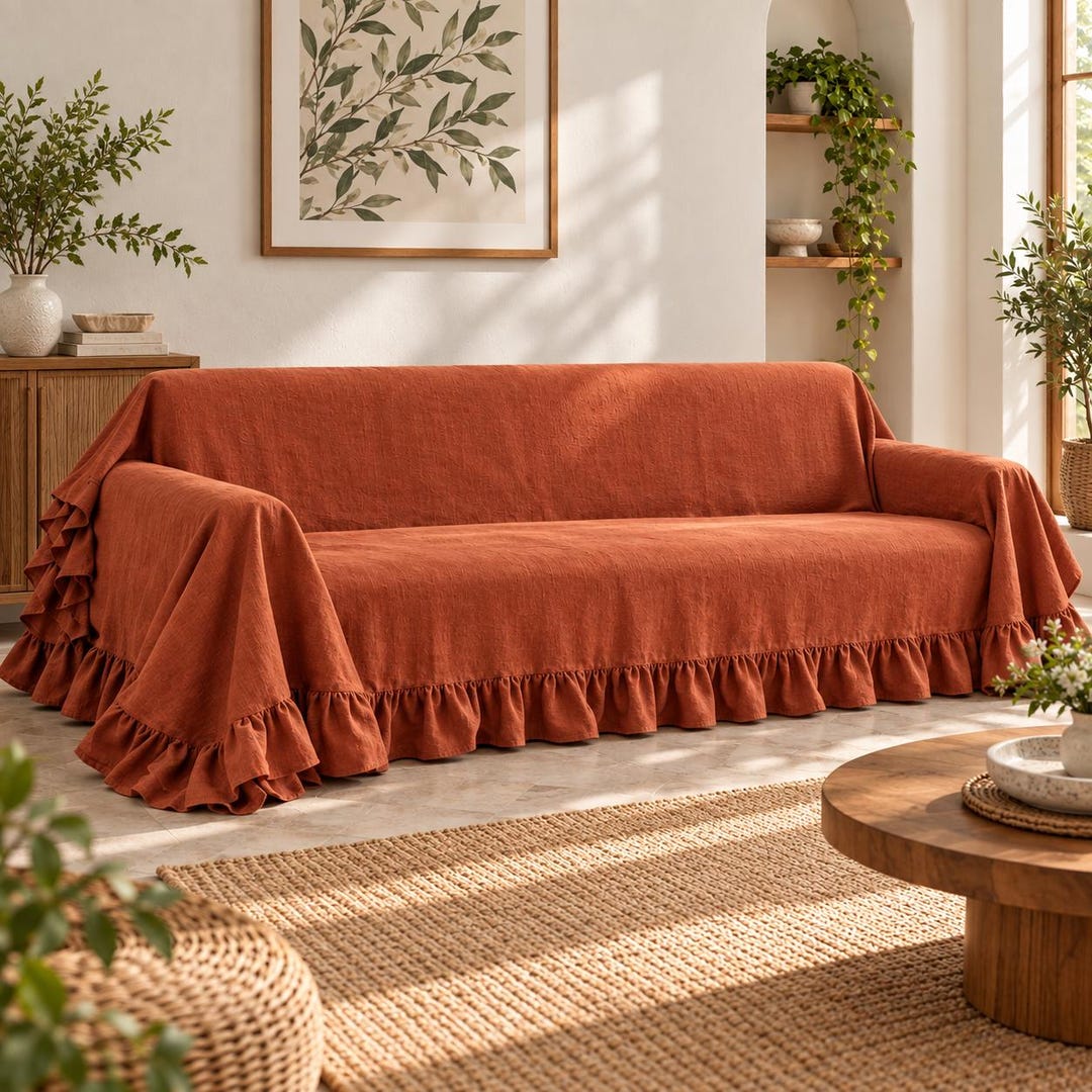 Linen 3-side Ruffle Sofa Cover, Lightweight Natural Fabric, Custom Size ...