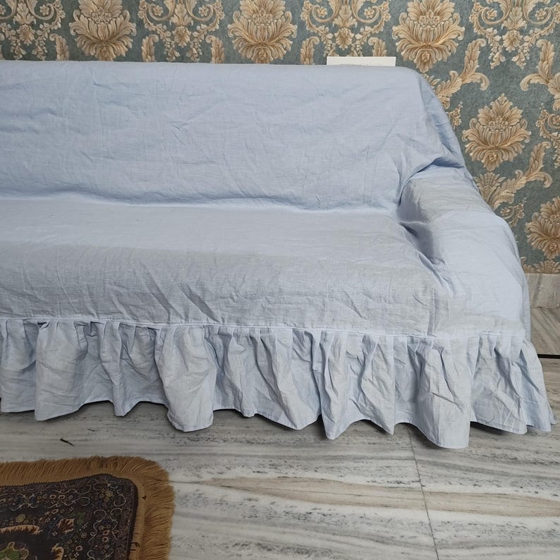 Linen 3-side Ruffle Sofa Cover, Lightweight Natural Fabric, Custom Size ...