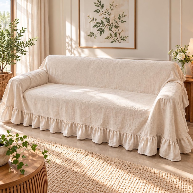 Linen 3-side Ruffle Sofa Cover, Lightweight Natural Fabric, Custom Size ...