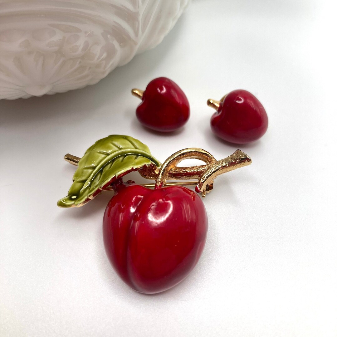 Vintage 1960s Cherry Red Apple Enamel Brooch Pin and Earrings - Etsy