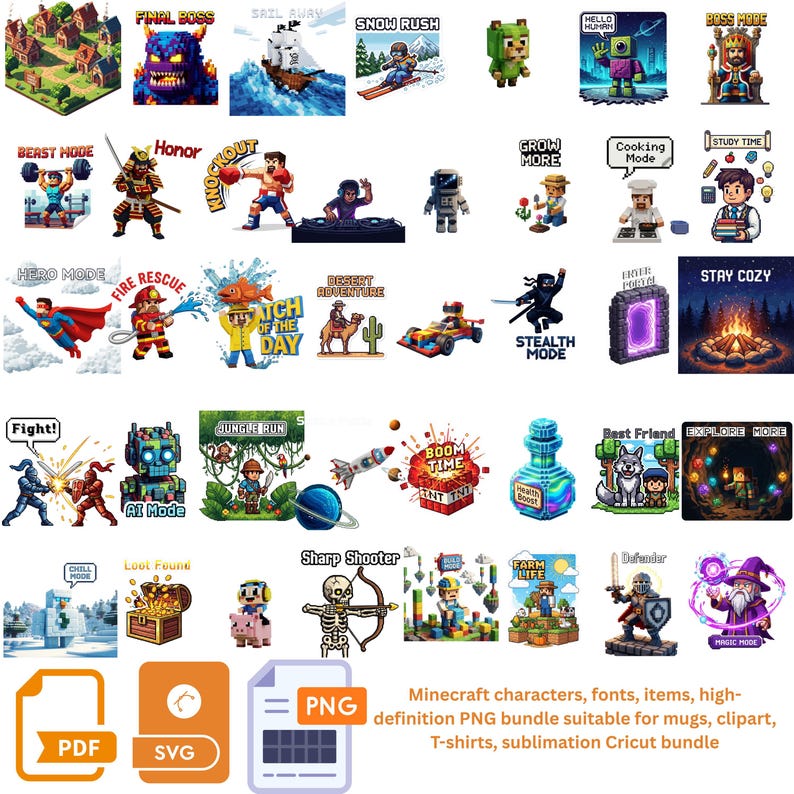 Pixel Game PNG SVG Bundle | Block Style Gaming Characters Items | Retro ...