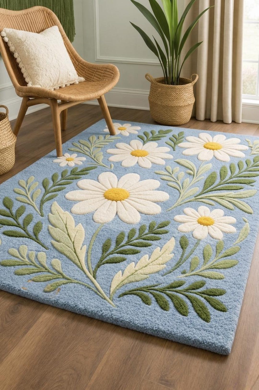 Hand Tufted Wool Daisy Flower Rug, Blue Botanical Area Carpet - Etsy