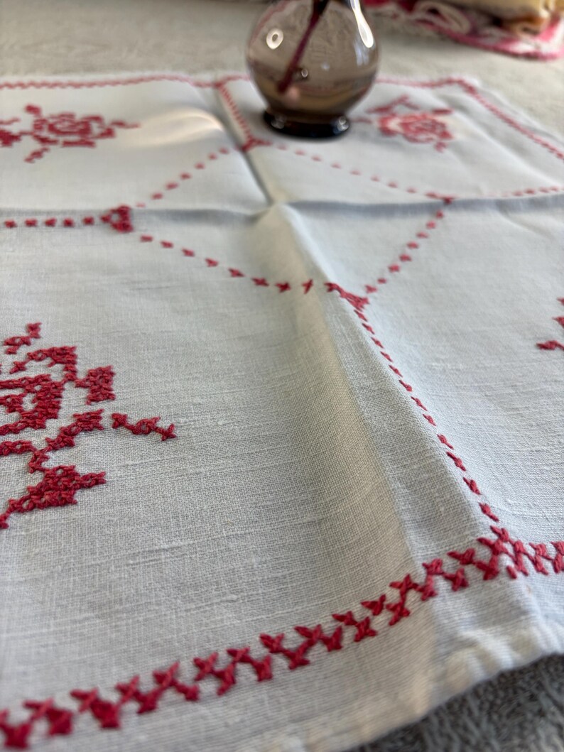 Vintage Red Cross Stitch Linen Table Cloth – Scandinavian Folk ...