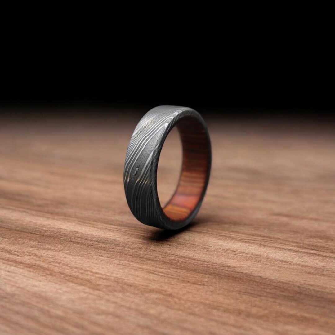 Damascus Steel Whiskey Barrel Ring for Men Handmade Wedding Band ...