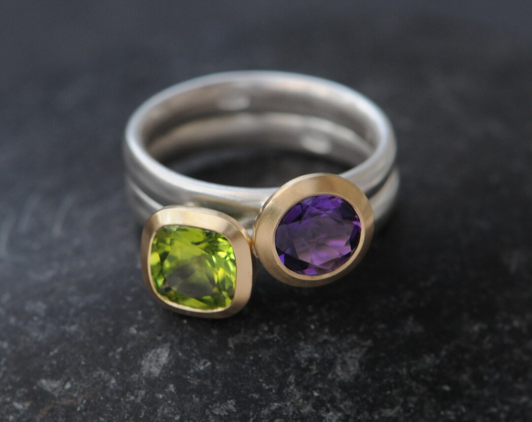 Stacking Rings With Peridot and Purple Amethyst, Mixed Metal Rings ...