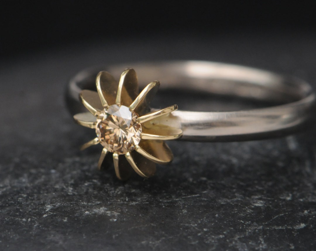 Small Diamond Engagement Ring 18K Gold, Champagne Diamond Ring, Gift ...