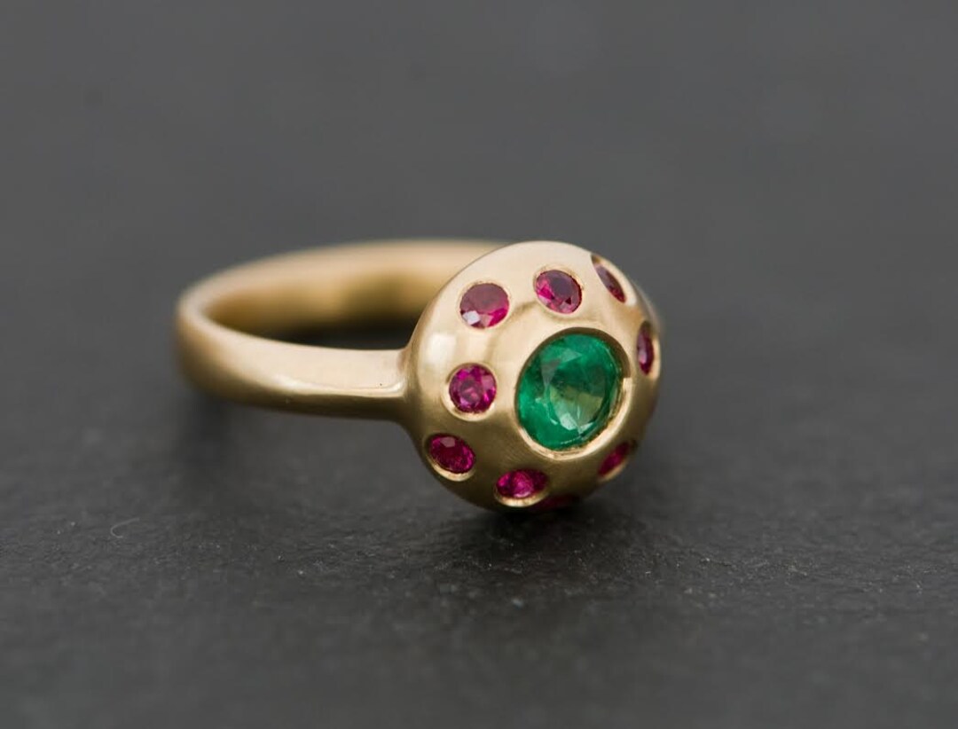 Emerald and Ruby Engagement Ring in 18K Gold, Gold Cluster Ring - Etsy
