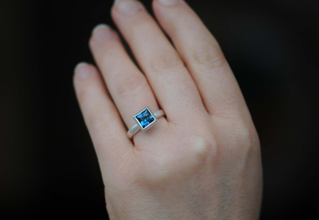 Square Blue Topaz Engagement Ring, Princess Cut London Blue Topaz Ring ...