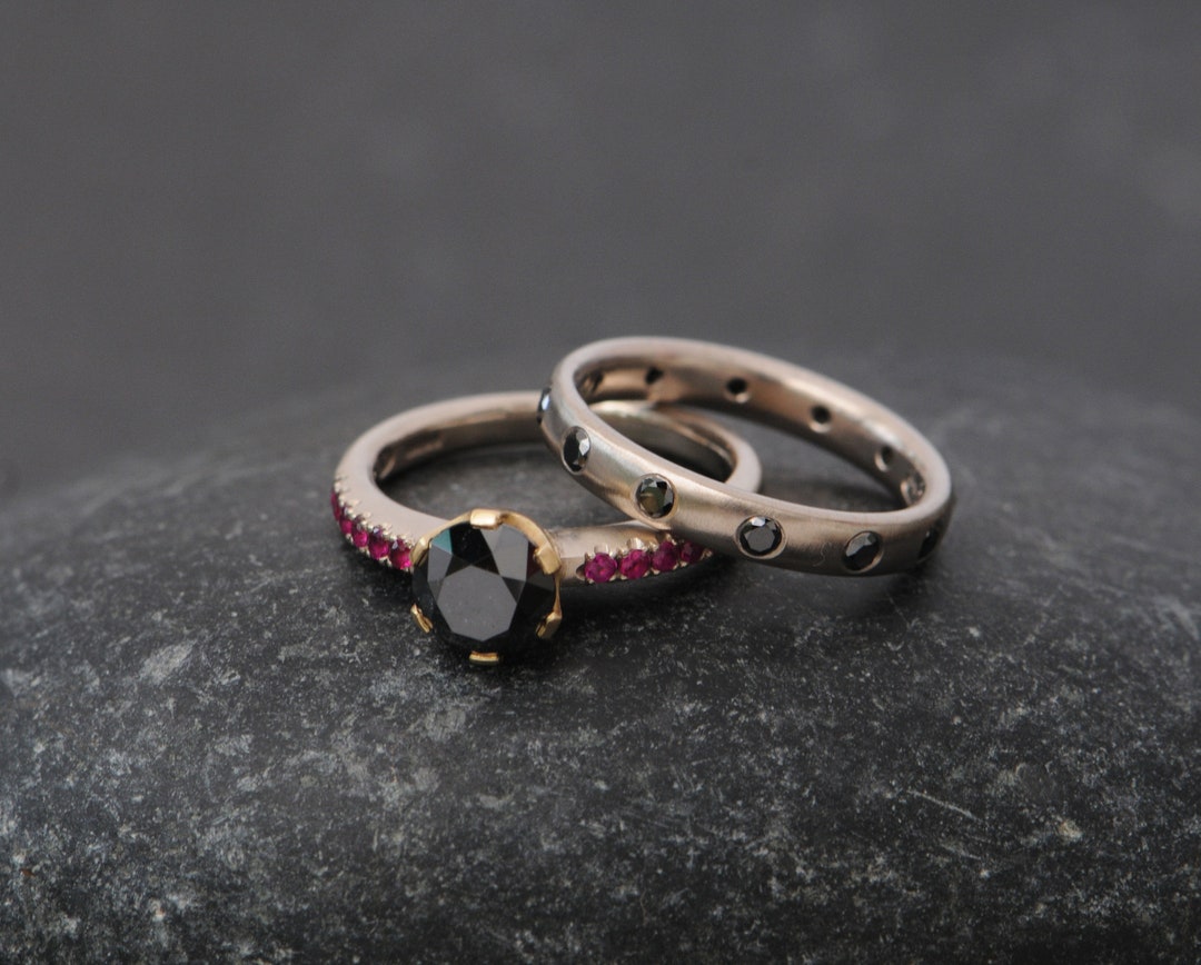 Black Diamond & Ruby Wedding Ring Set, 18K White Gold Eternity Band - Etsy