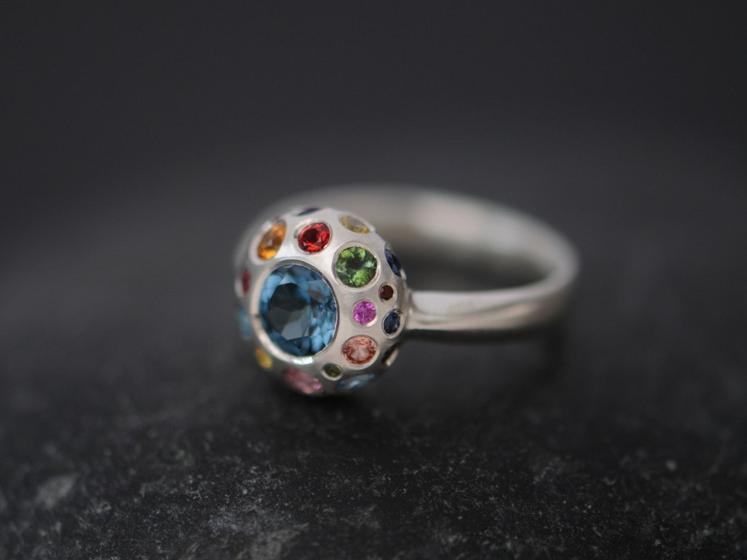Multi Colour Statement Ring, Sapphire Cluster Ring in Silver, Rainbow ...