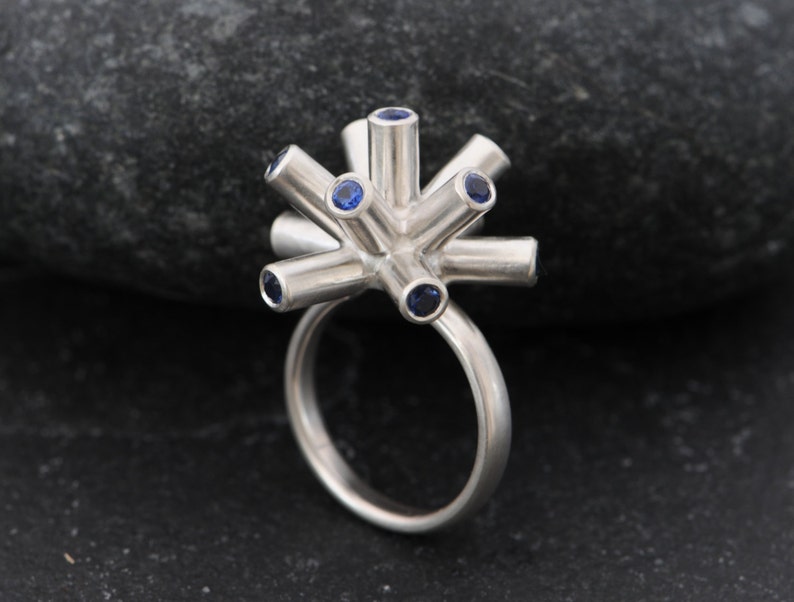 Blue Sapphire Statement Ring, Spiky Silver Ring, Particle Collision ...