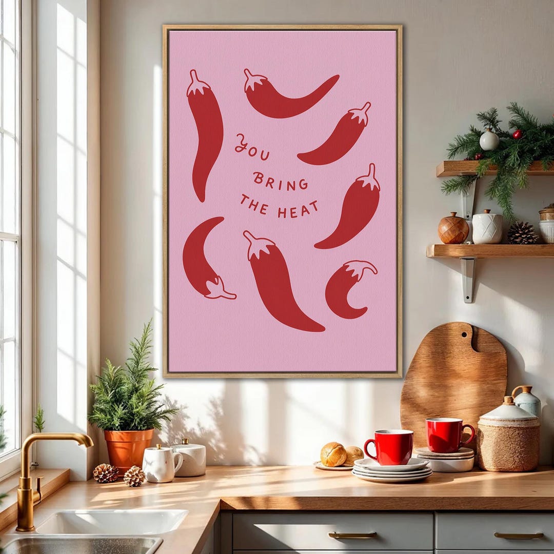 Chili Pepper Wall Art, Funny Kitchen Decor, Spicy Food Print, Pink ...