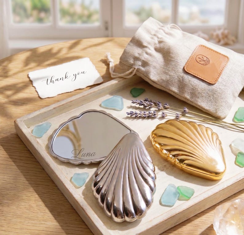 Personalized Shell Compact Mirror, Beach Wedding Bridesmaid Gift, Laser ...