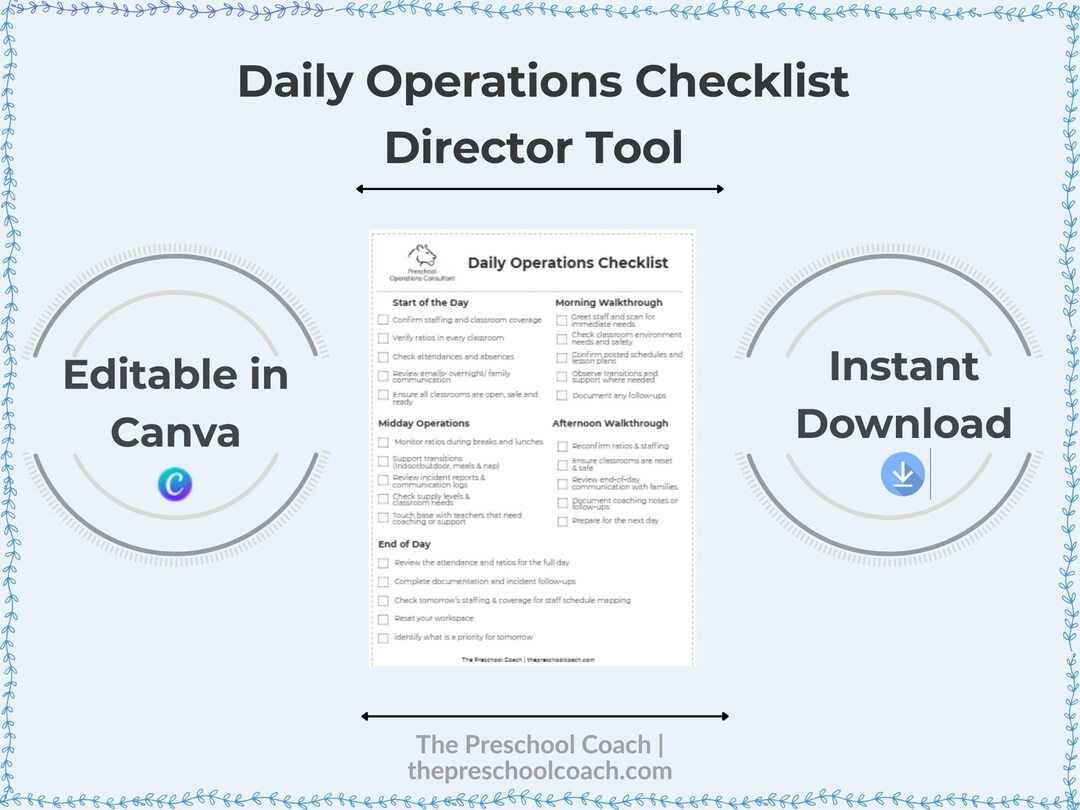Daily Operations Checklist, Preschool Director Tool, Editable Canva ...