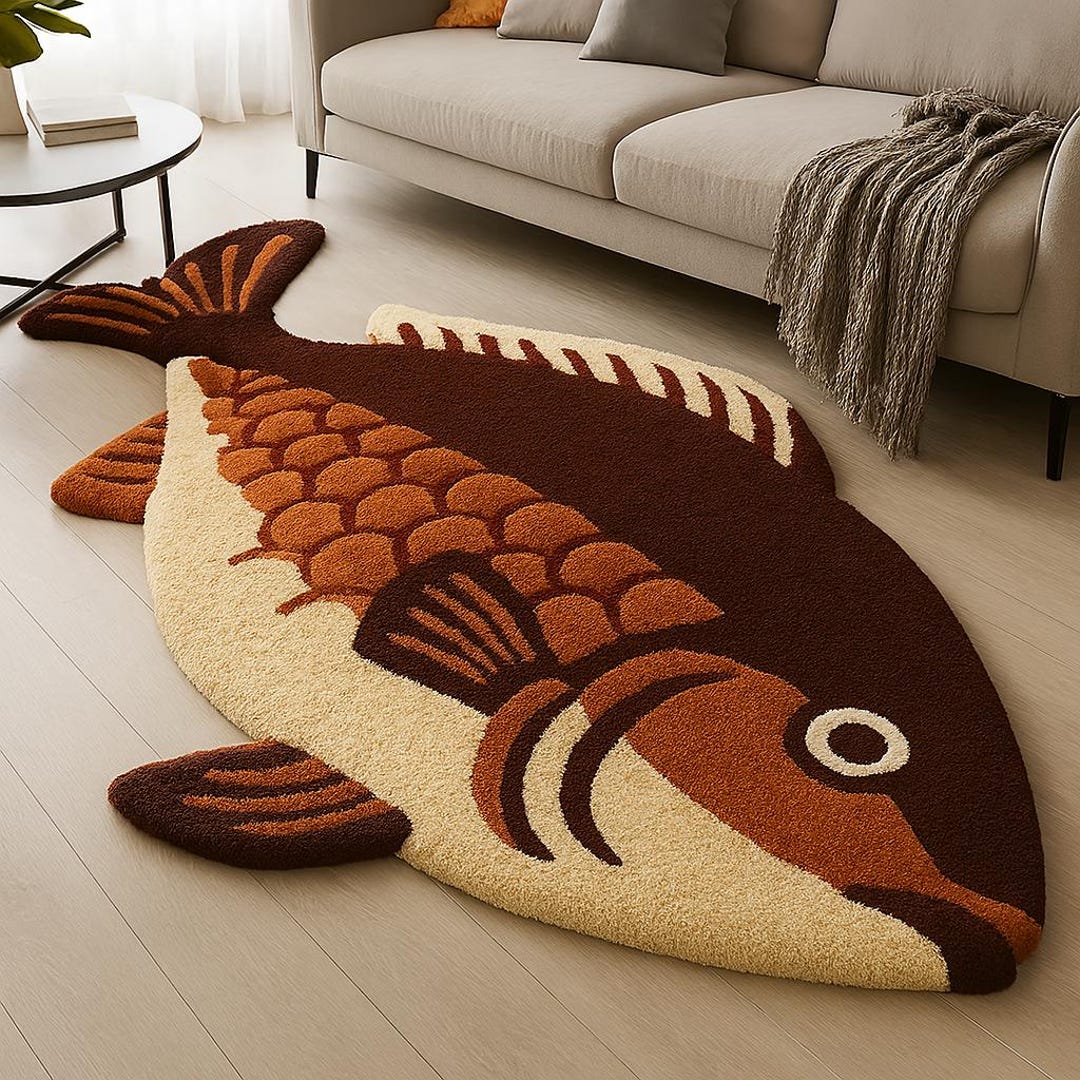 Large Fish Shaped Tufted Rug, Handmade Brown Cream Area Rug, Unique ...