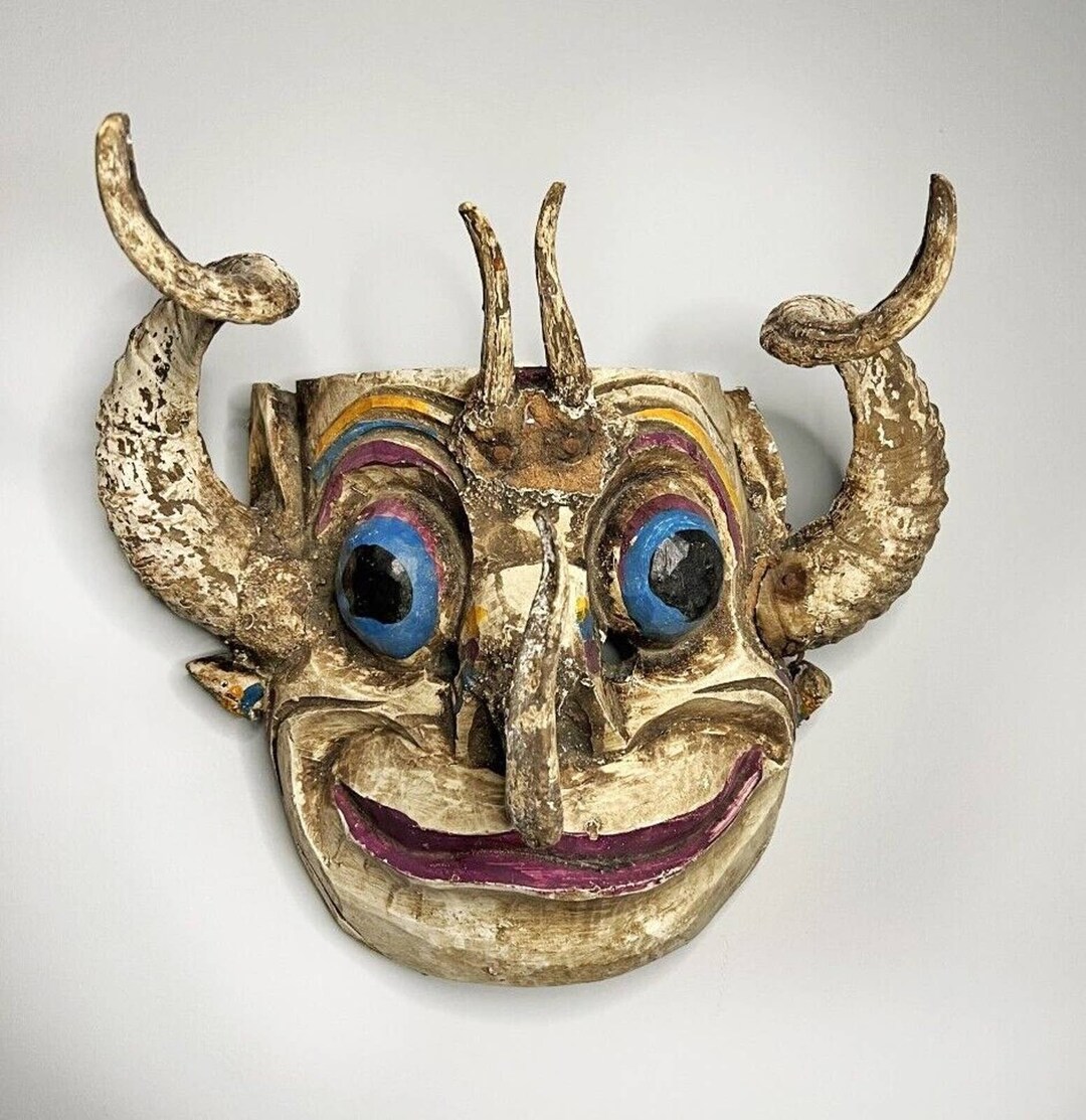 LARGE Vintage Mexican Painted Wood Guerrero Mask W/ Ram's Horns Other ...