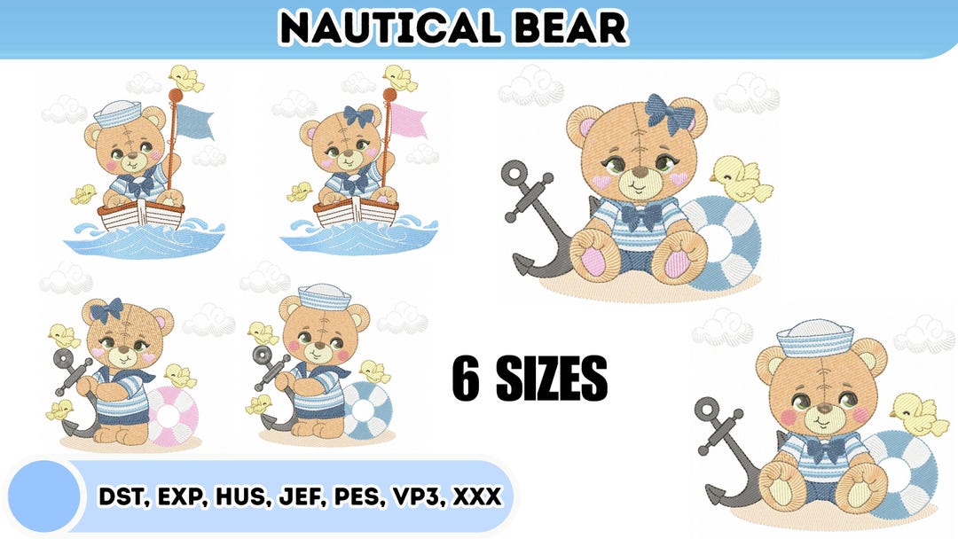 Nautical Bear Machine Embroidery Design Bundle, Sailor Teddy Bear With ...