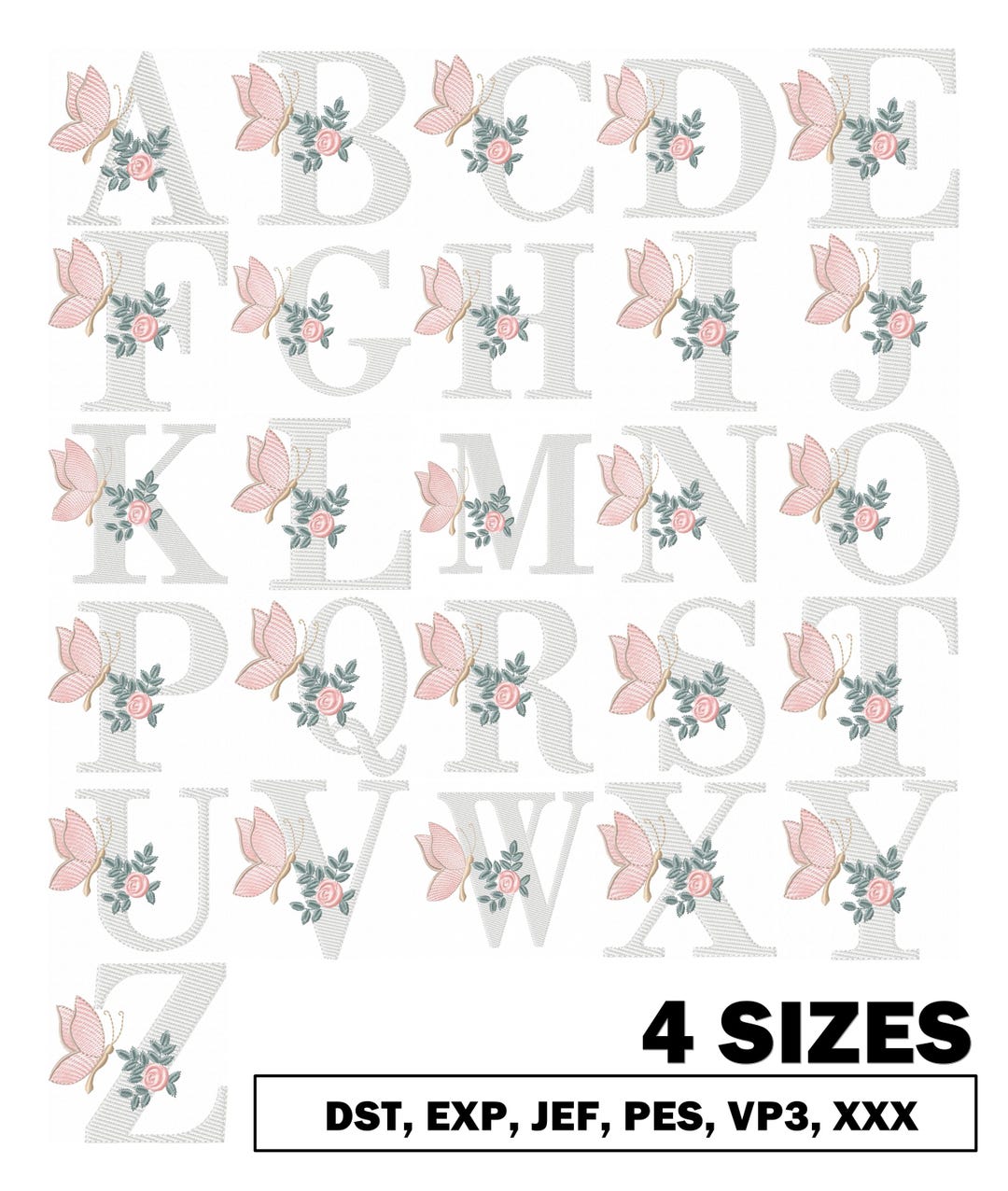Embroidery font, floral butterfly alphabet, embroidery designs from A ...
