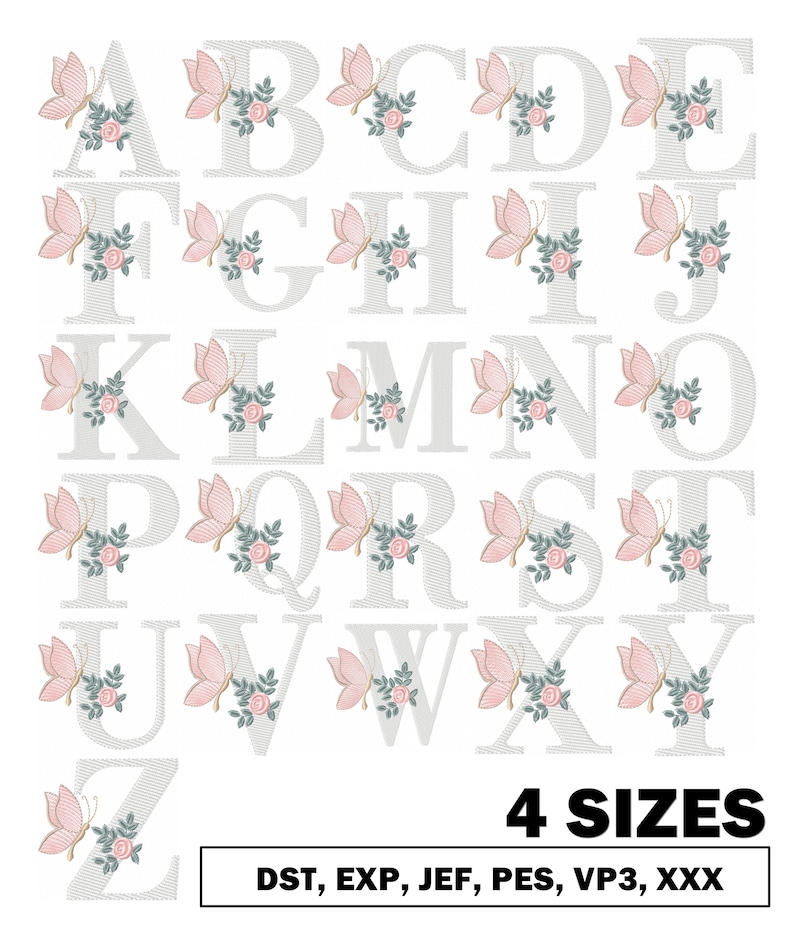 Embroidery font, floral butterfly alphabet, embroidery designs from A ...