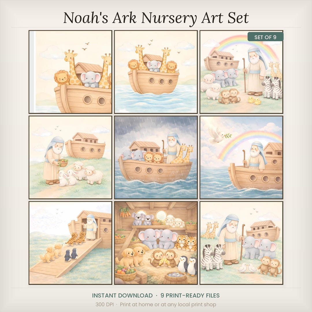 Noah's Ark Nursery Art Set, Watercolor Animals, Christian Baby Room ...