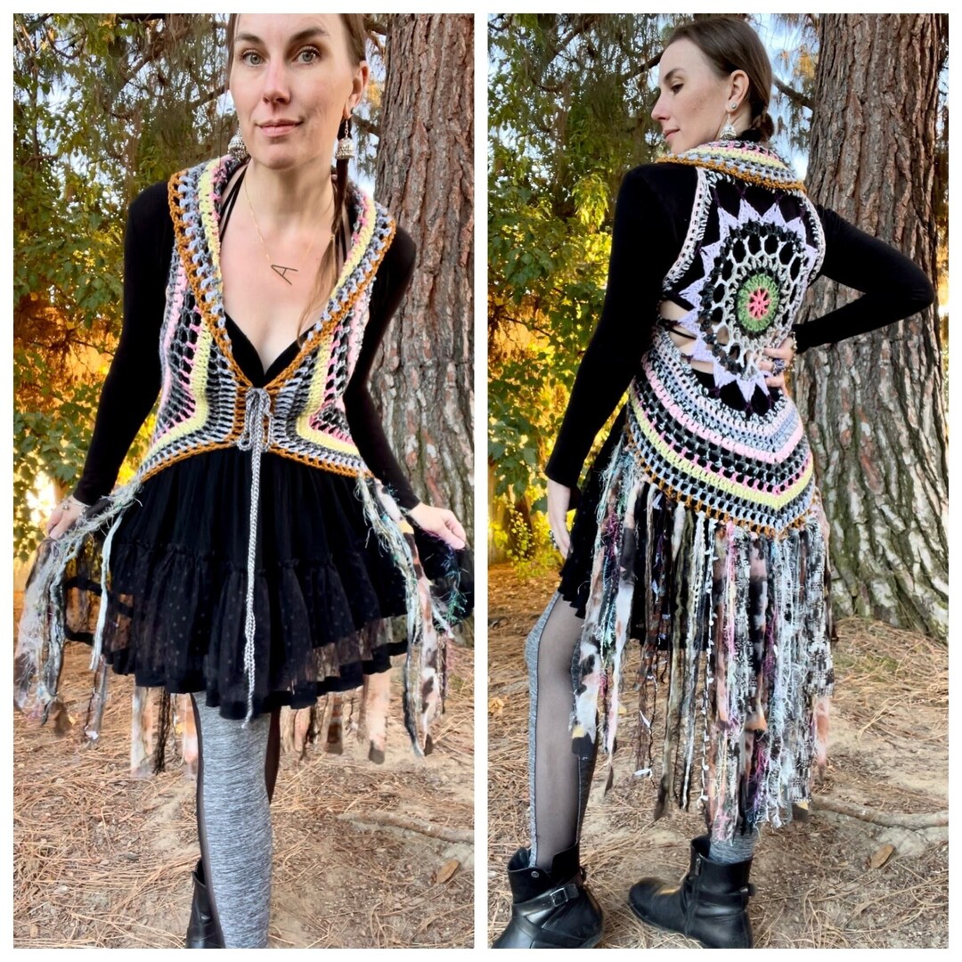 Vest Fae Fringe Gray Fae Vest Grayscale Vest Rainbow Vest Kaleidoscope ...