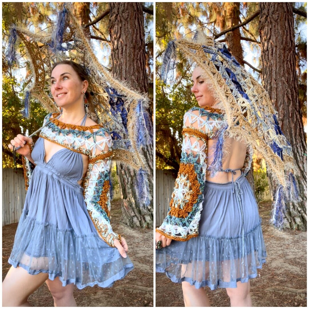 Parasol Blue Beige Upcycled Parasol Hippie Festival Fashion Parasol ...