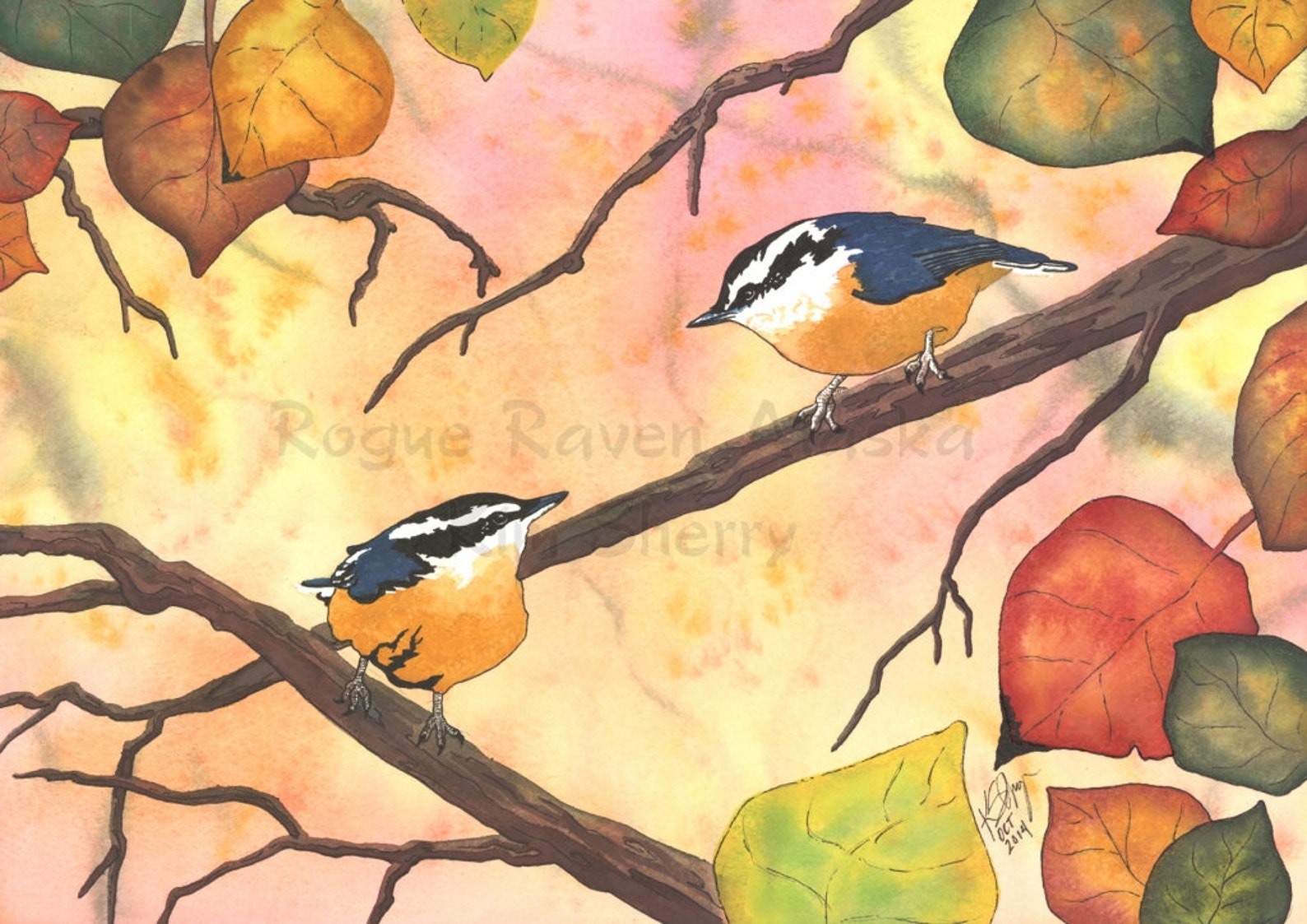 Fall Frolics Print of nuthatches with fall leaves | Etsy