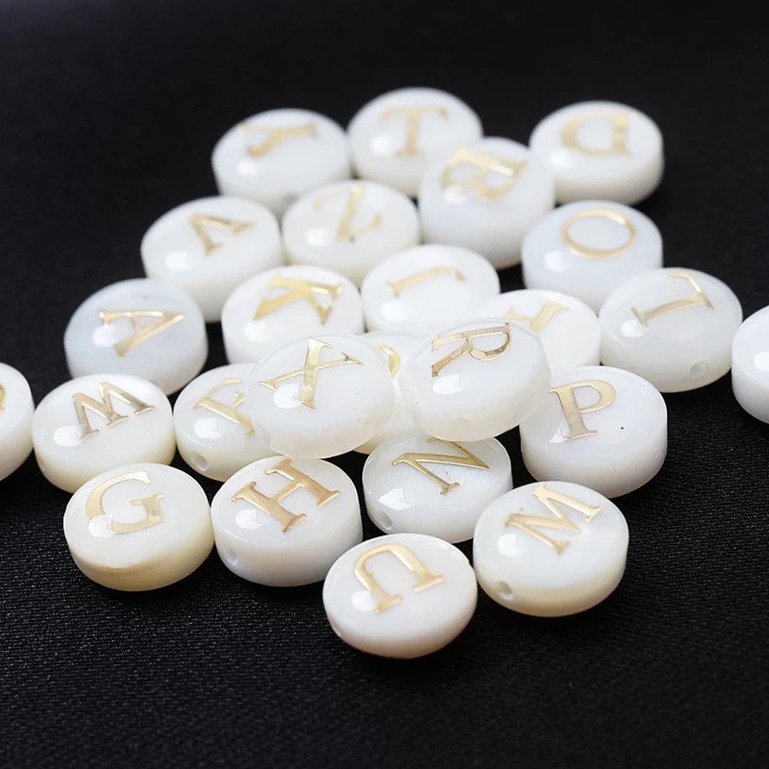 Personalized Gold Letter Shell Beads | 8mm Natural White Shell | 1mm ...