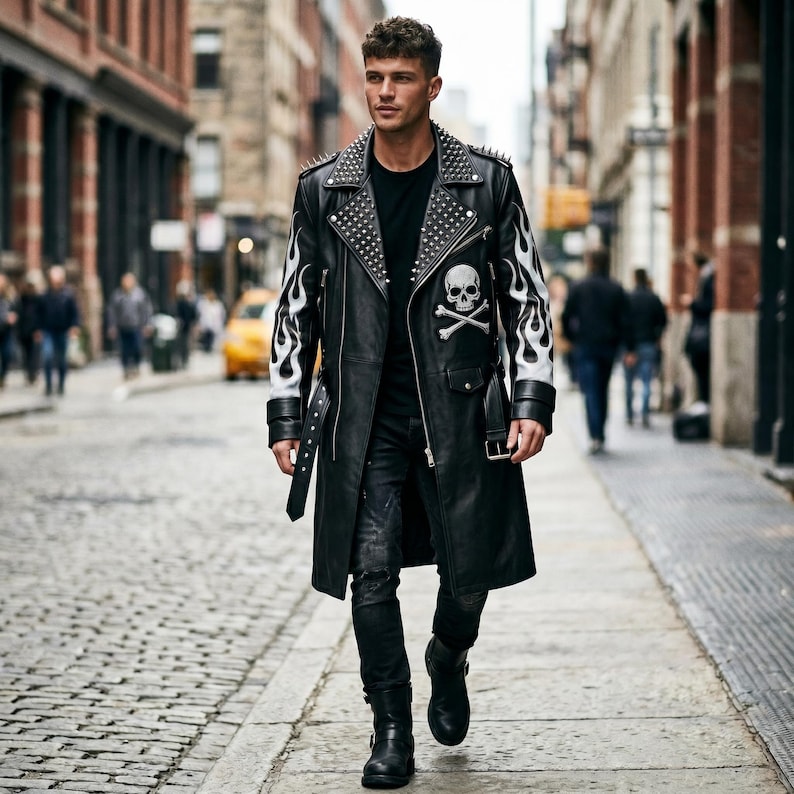 Men's Gothic Leather Trench Coat - Handmade Punk Rock Studded Biker ...