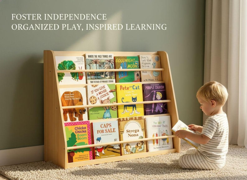 Montessori Bookshelf, Natural Pine Wood Toy Storage, Kids Nursery ...