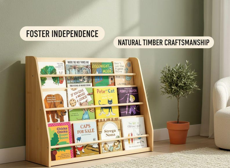 Montessori Bookshelf, Natural Pine Wood Toy Storage, Kids Nursery ...