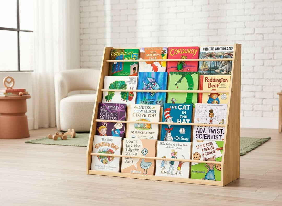 Montessori Bookshelf, Natural Pine Wood Toy Storage, Kids Nursery ...