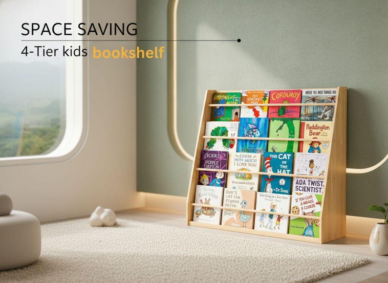 Montessori Bookshelf, Natural Pine Wood Toy Storage, Kids Nursery ...