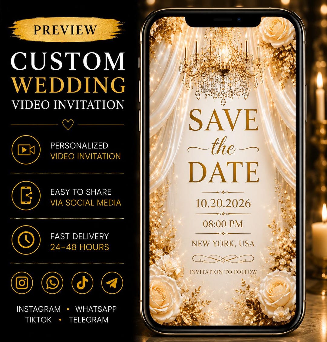 Luxury Animated Wedding Invitation Video, Gold Floral Save the Date ...