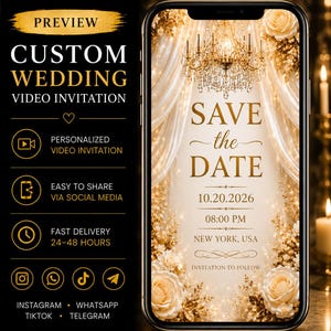 Luxury Animated Wedding Invitation Video, Gold Floral Save the Date ...