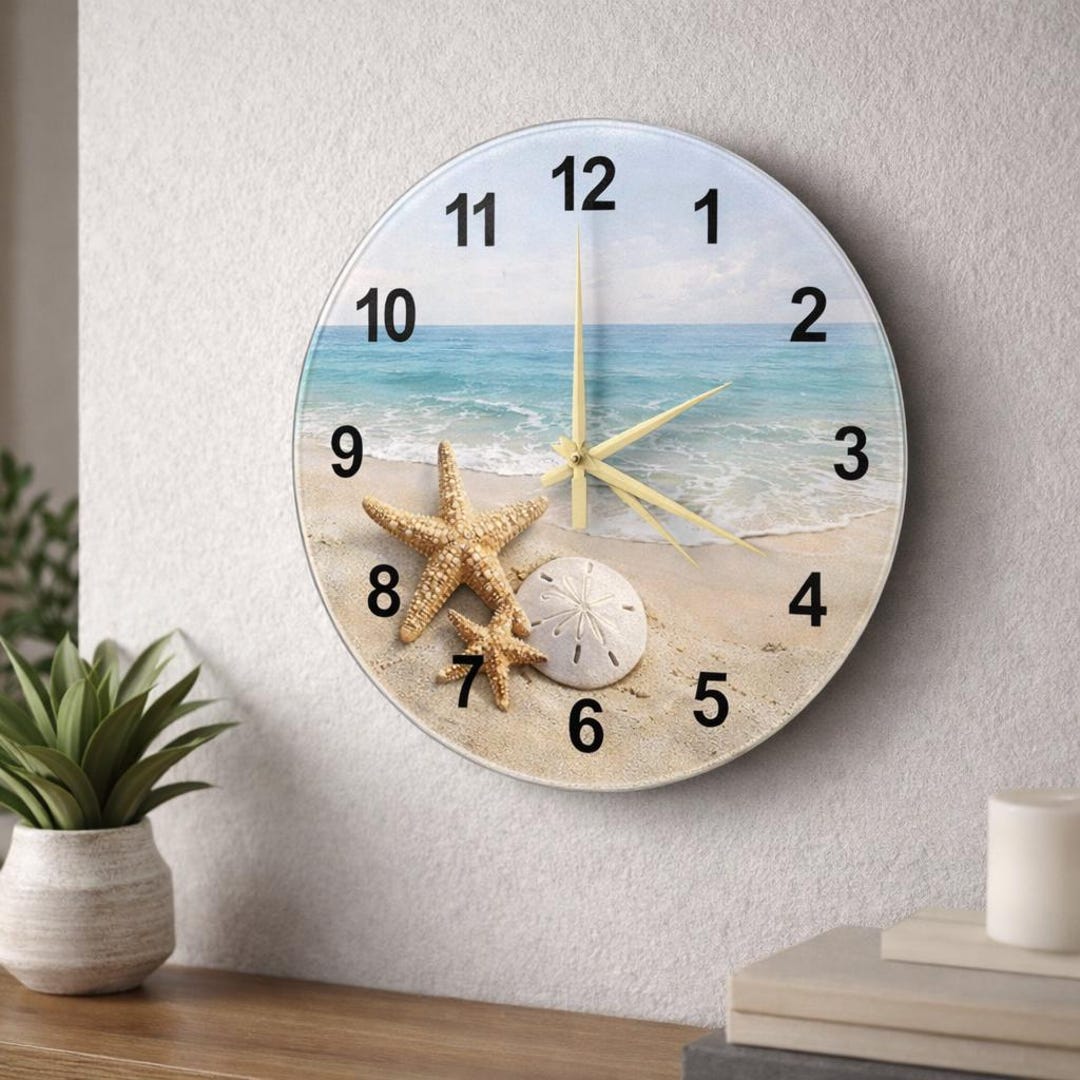 Minimalist Starfish Glass Art Clock - Ocean Inspired Coastal Wall Decor ...