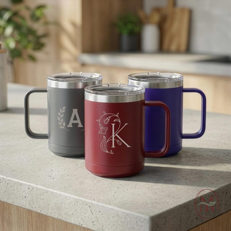 Personalized 15oz Coffee Mug With Slider Lid, Custom Monogram Engraved ...
