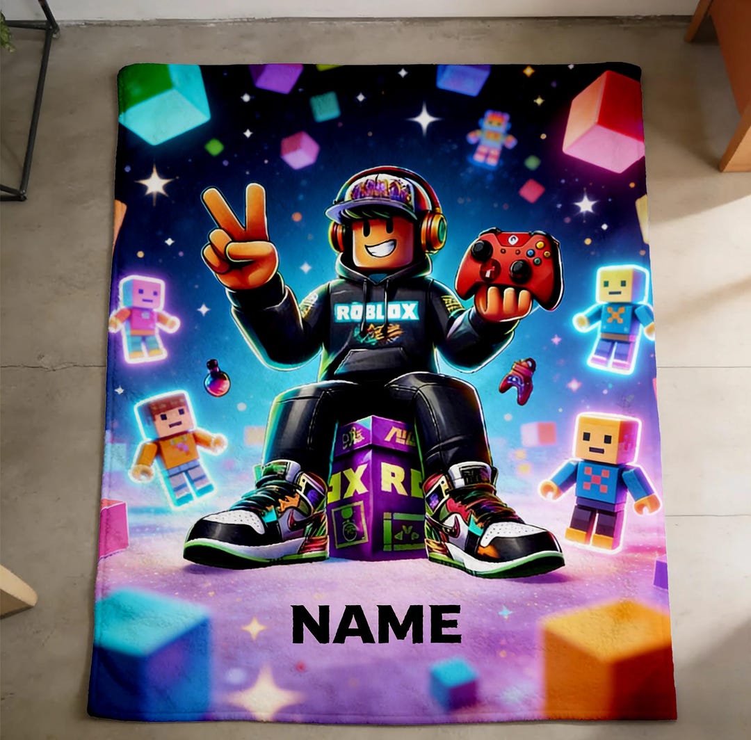 Personalized Roblox Gamer Blanket, Custom Name Block World Fleece Throw ...