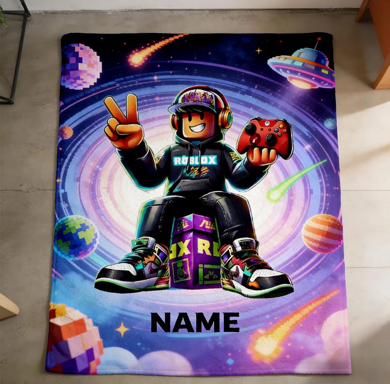 Personalized Roblox Gamer Blanket, Custom Name Block World Fleece Throw ...