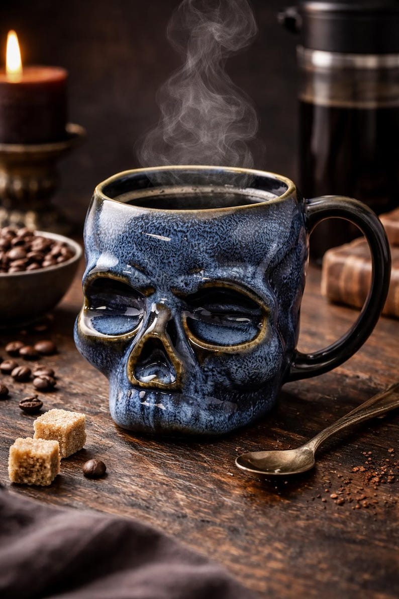 Blue Skull Mug, Gothic Ceramic Coffee Cup, Dark Aesthetic Mug ...