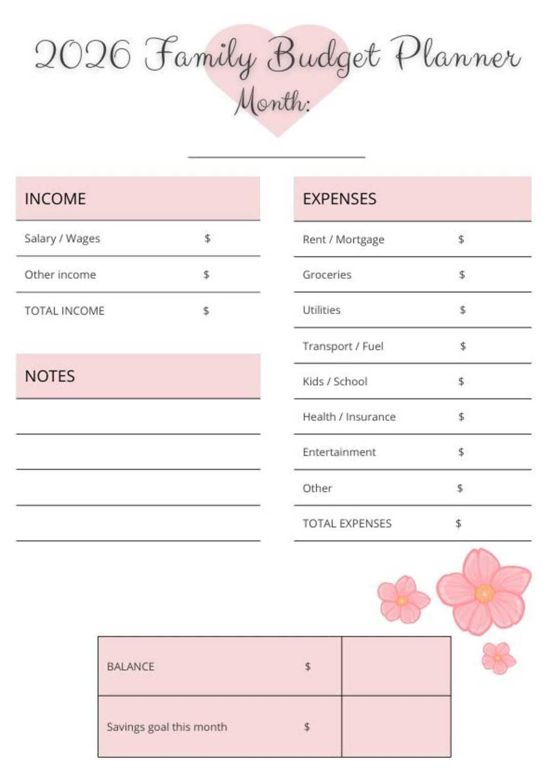 2026 Family Budget Planner Printable – One Page Monthly Budget Tracker ...