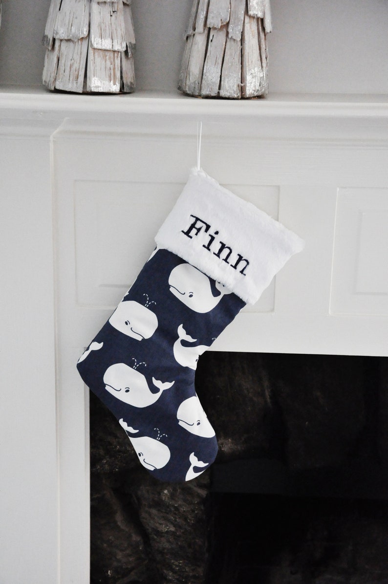 Nautical Christmas Navy Blue Stocking Sky Blue Whale Tale Maine No.721 ...